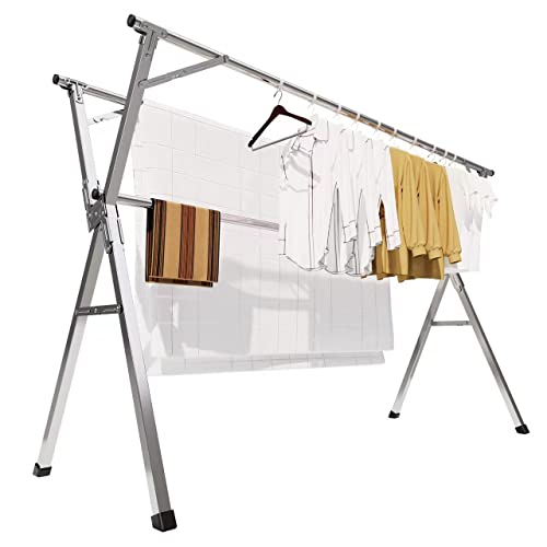 HJWTCQL 95IN (150-240cm) Clothes Drying Rack,Drying Rack Clothing Folding Indoor Outdoor,Heavy Duty Stainless Steel Laundry Drying Rack(10.38pounds) with Clothes Drying Rack Windproof Hooks 30pc