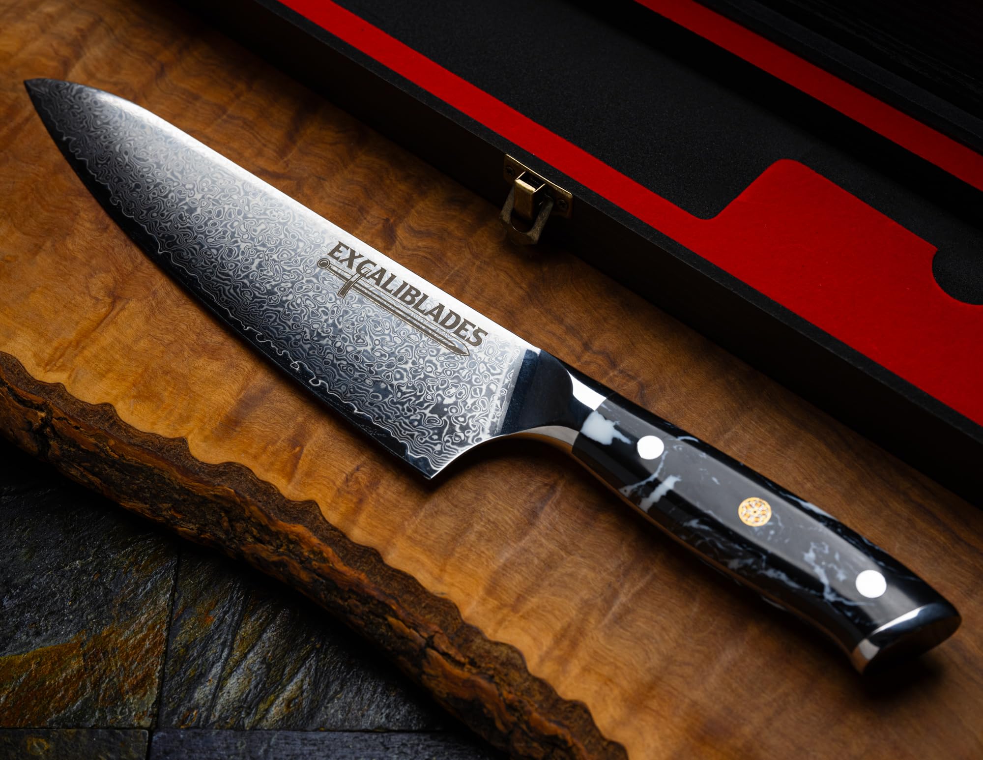 EXCALIBLADES Ultra Sharp 8" Damascus Chef's Knife. High Carbon 67-layers VG10 Stainless Steel Kitchen Knife, Ultra Sharp with Full Tang. Black Turquoise Ergonomic G10 Handle.