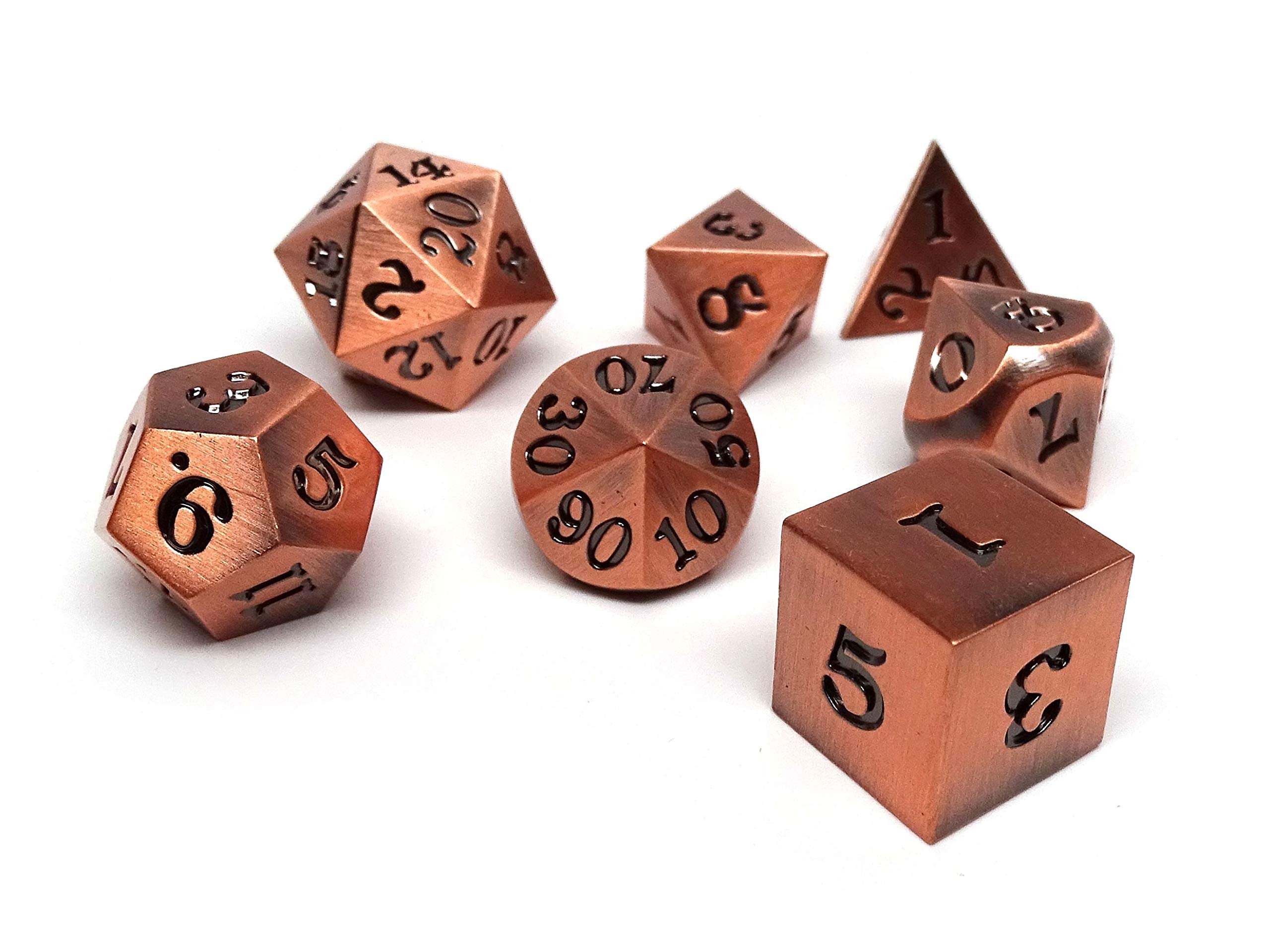 Legendary Copper Metal Polyhedral Dice Set with Black Signature Font - 7 Piece Collection