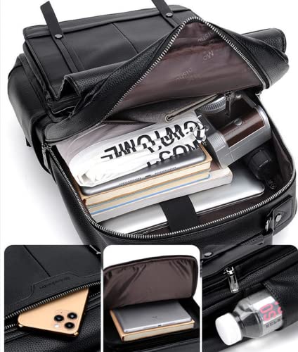 HKZHITOU Vintage Leather Laptop Backpack For Men,Men Black Leather College Backpack Travel Waterproof Bags Fit 15.6 Inch Notebook