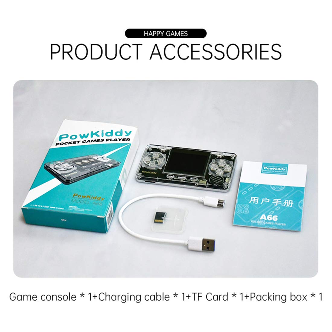 Petforu POWKIDDY A66 Handheld 10000 Games Retro Game Console Ultra Card Transparent Game Machine - 32G Silver, A66 (32g)