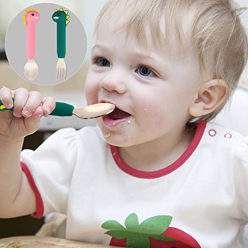 NICINGU Kids Silverware with Silicone Handle,Dinosaur Baby Spoons+Fork,Toddler Utensils