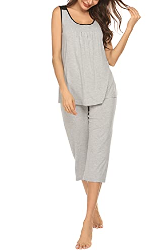 Ekouaer Women's Sleepwear Bamboo Jersey Sleeveless Top and Capri Pleated Loungewear O Neck Pajama Set Grey L