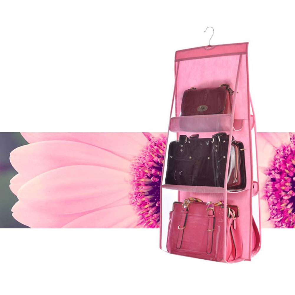 Luck Dawn Hanging Handbag Purse Organizer - Transparent Dust-Proof Wardrobe Closet Storage Bag for Clutch with 6 Larger Pockets (Pink)