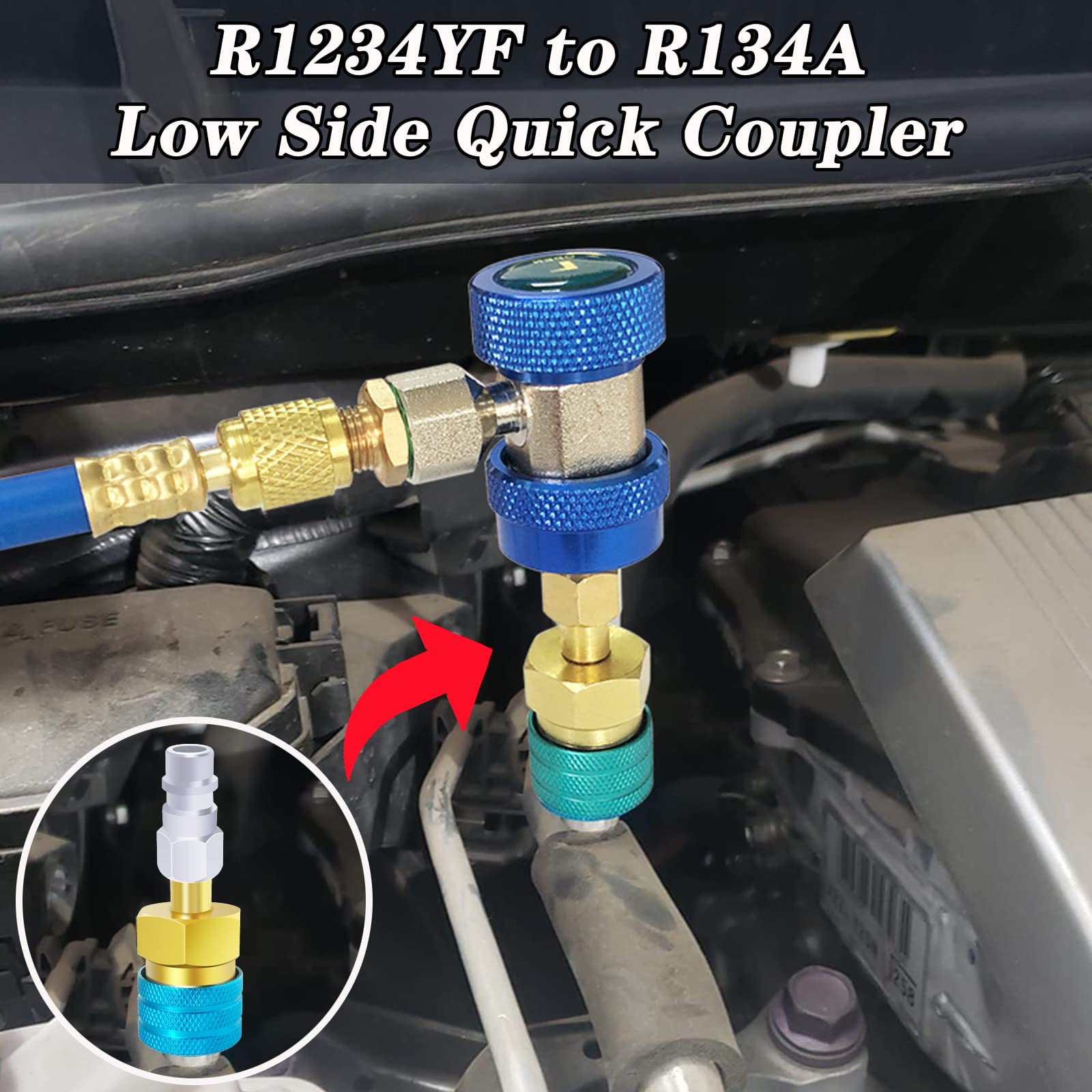 Boltigen R1234YF Low Side Quick Coupler,R1234YF to R134A AC Charging Hose Adapter Fitting Connector for Car Air-Conditioning