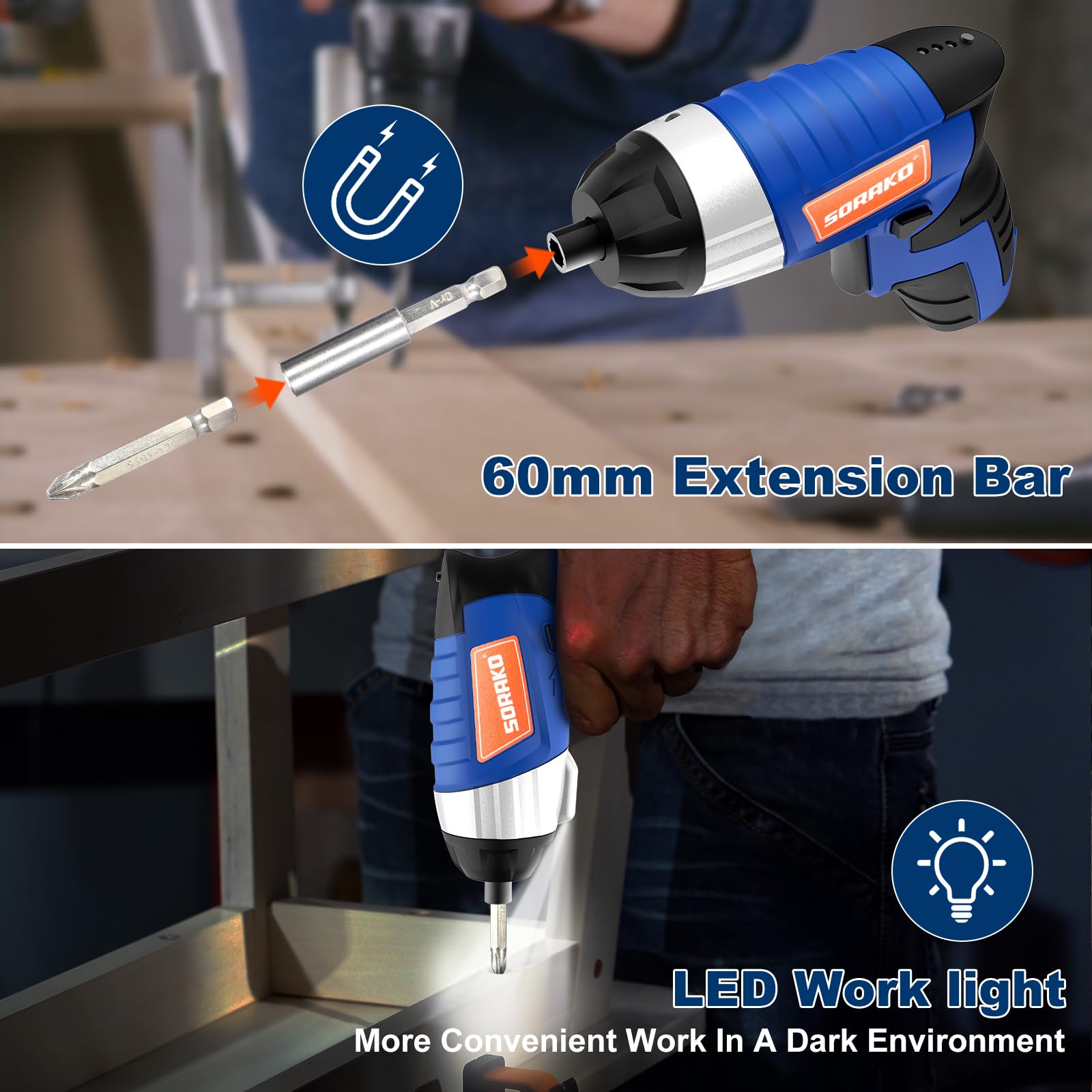Electric Screwdriver, SORAKO Cordless Screwdriver Rechargeable 4V Max, Power Screwdriver with LED Light, 1300mAh Battery Screwdriver 6 Nm 30 PCS Screw Gun Accessories for Home DIY, Car Repair