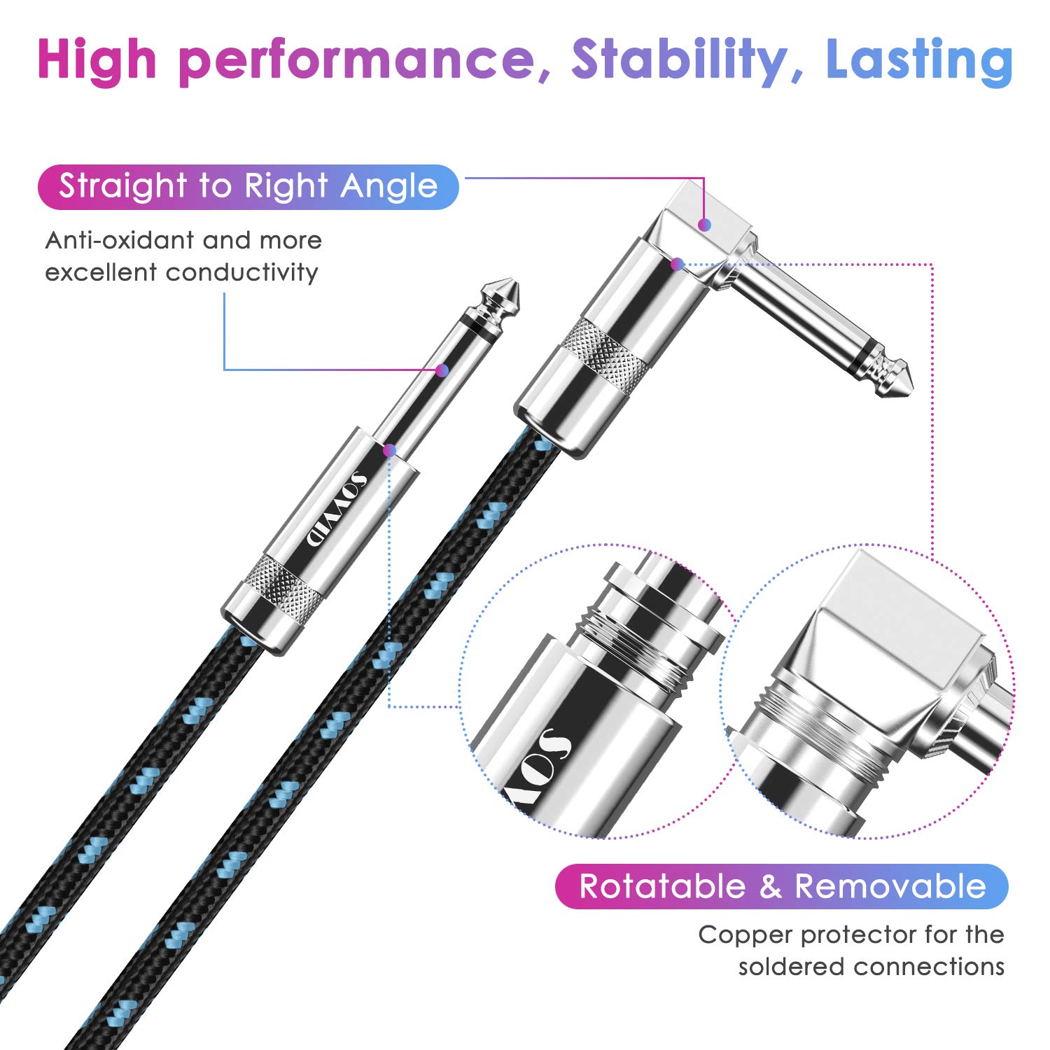 Sovvid Guitar Cable 10FT 2 Pack Instrument Cable Guitar Cord Electric Guitar Cable Guitar AMP Cord for Bass Guitar Keyboard 1/4 Inch Cable Right Angle Black and Black Blue
