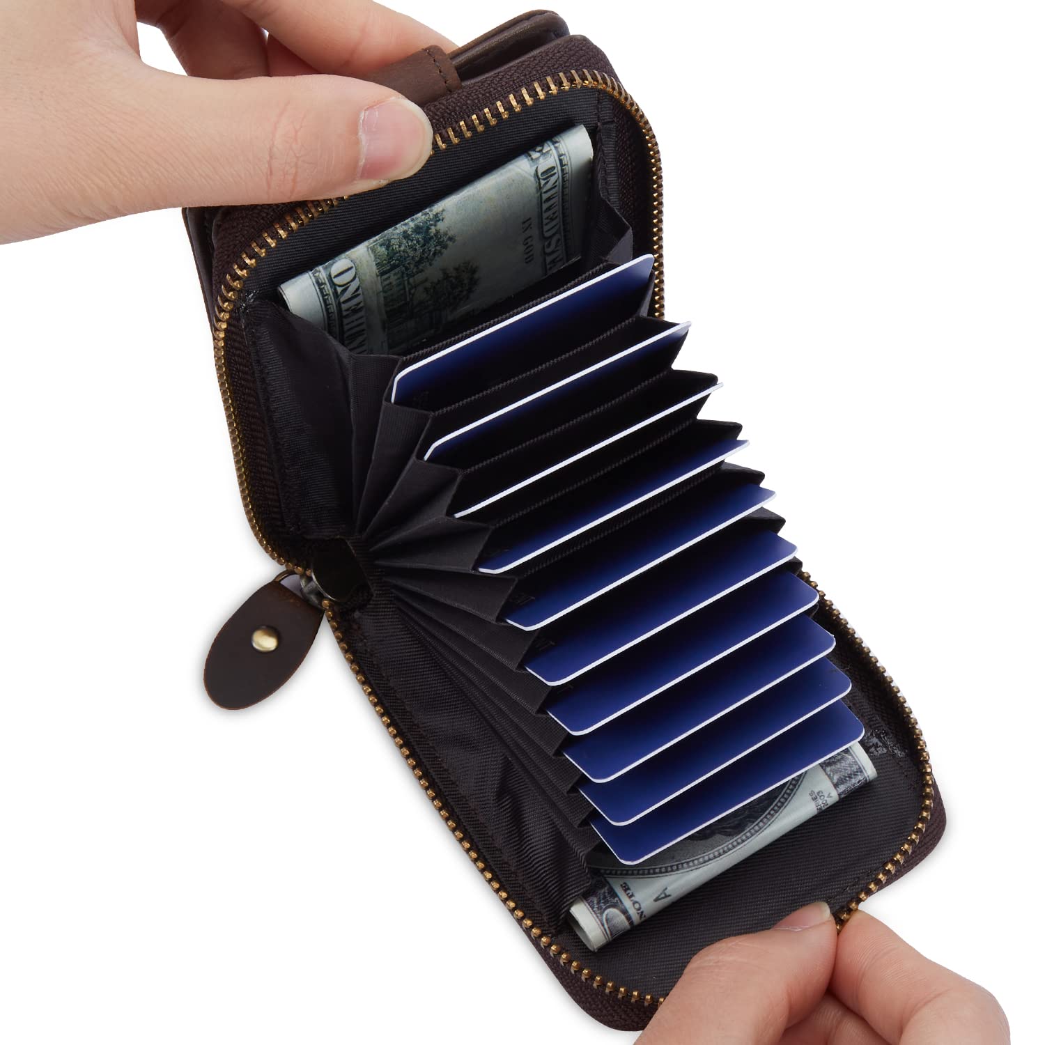BISON DENIM Card Case Wallet Leather Pocket Wallet RFID Blocking Credit Card Organizer Zip Card Holder for Women Men (Crazy Horse Coffee)