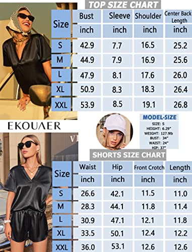 Ekouaer Womens Satin Sleepwear 2 Piece Pajamas Silk Pjs Short Sleeve Top and Loose Shorts Nightwear with drawstring Black