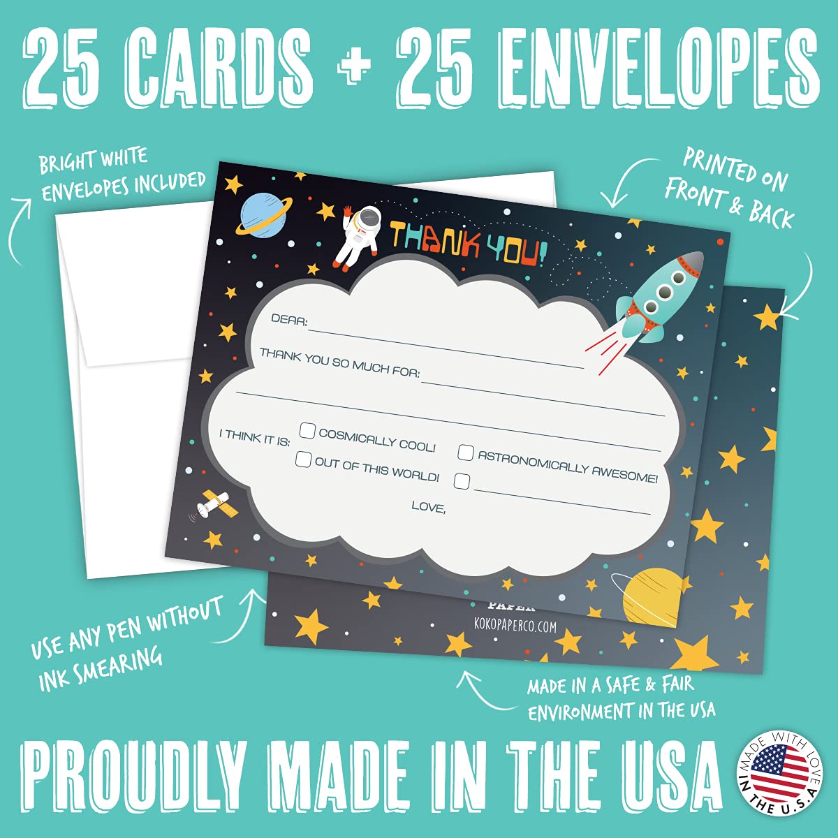 Koko Paper Co Space Multiple-choice Fill-in Thank You Cards | 25 Flat Cards and 25 Bright White Envelopes | Printed on Heavy Card Stock.
