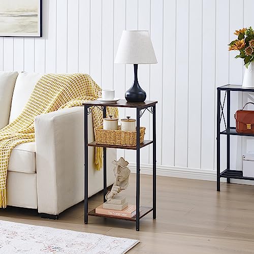 Hoctieon 3 Tier End Table Set of 2, Slim Side Tables, Narrow Side Tables, Nightstands for Small Spaces, Metal Frame, Easy Assembly, Rustic Brown