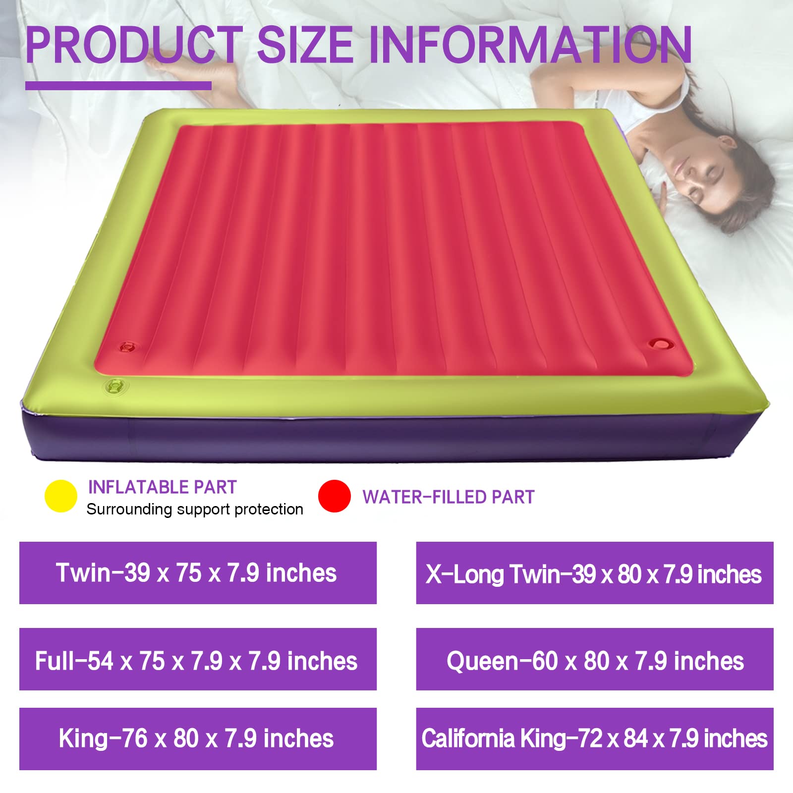 NA Square Waterbed Mattress - Water and Air Dual Purpose Waterbed Insert Mattress High Capacity Water Bed Full Size (Full,54×75x7.9inch, 95% Small Wave)