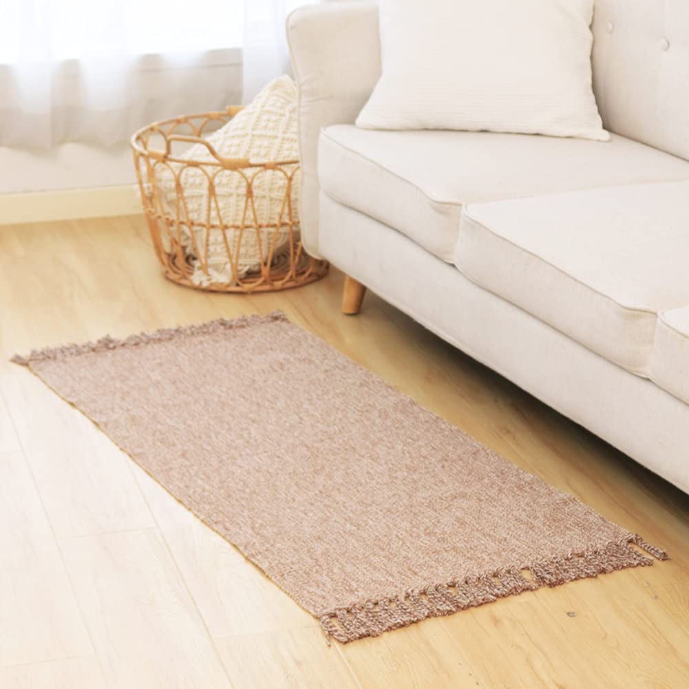 Boho Bathroom Rug Cotton Reversible Laundry Room Rag Rug - Hand Woven Solid Color Chindi Area Rug Entryway for Kitchen Bathroom Bedroom Dorm (2' x 4'3, Coffee)