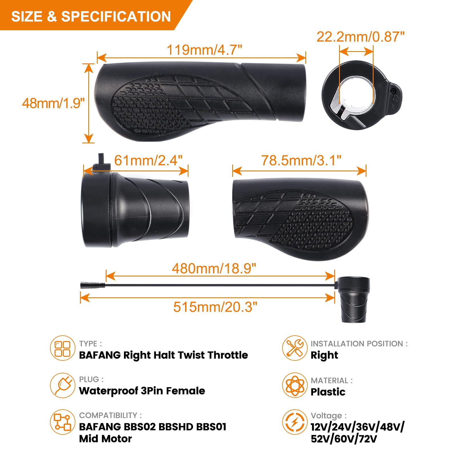 BAFANG Right Half Twist Throttle :Compatible with 8fun Mid Drive Electric Bike Conversion Kit BBS01 BBS02 BBSHD, Waterproof Speed Conrol Throttle Grip for Bicycle Scooter