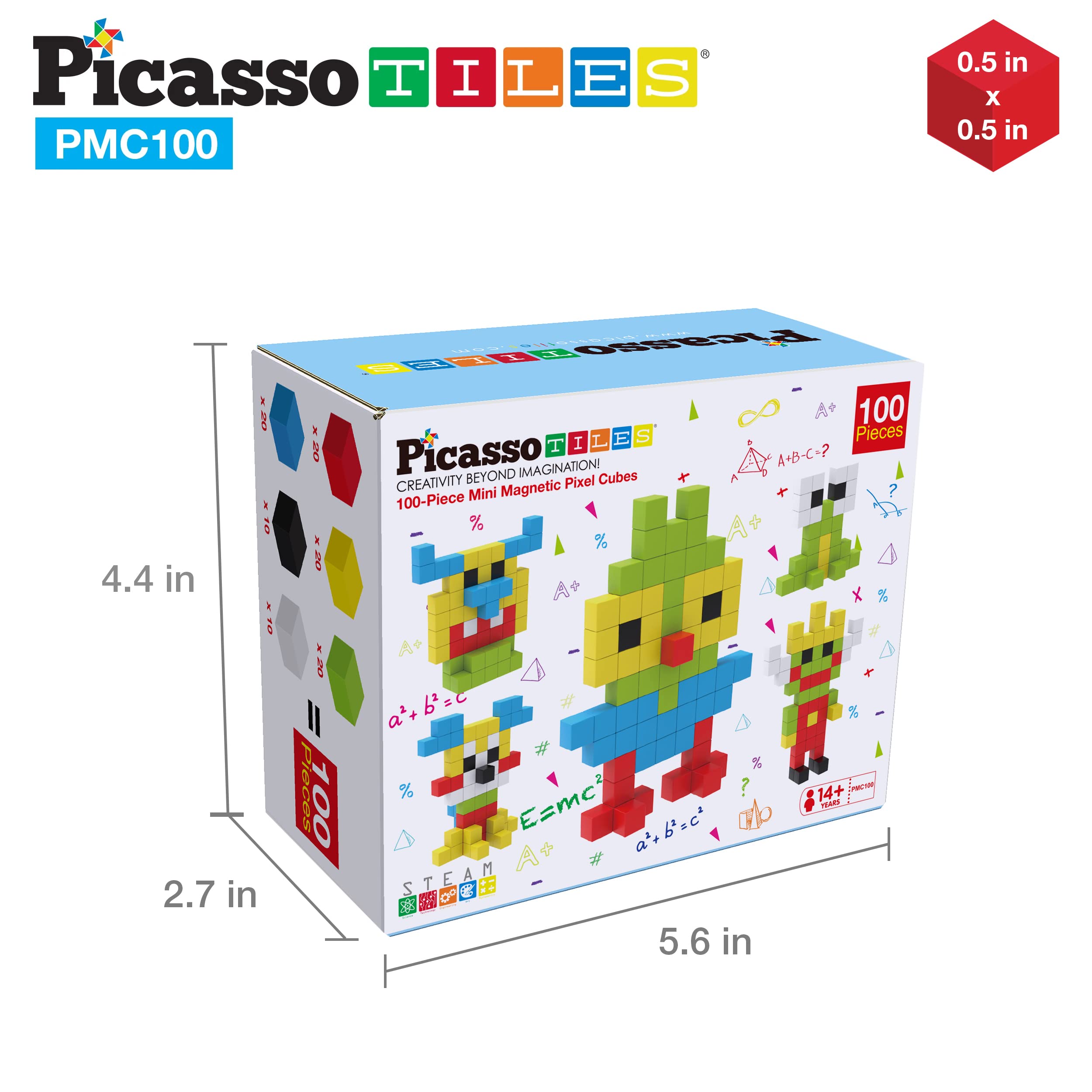 PicassoTiles 0.5” Pixel Magnetic Puzzle Cube 100 Piece Mix & Match Cubes Sensory Toys STEAM Education Learning Building Block Magnets Children Construction Toy Set Stacking Magnet Creative Kit PMC100