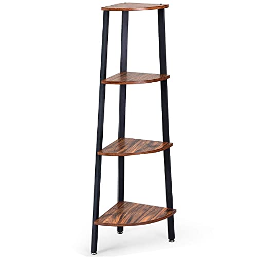 Giantex 4-Tier Corner Shelf Industrial Multipurpose Bookcase, Home or Office Storage Rack, Wood Plant Stand with Metal Frame (Rustic Brown)
