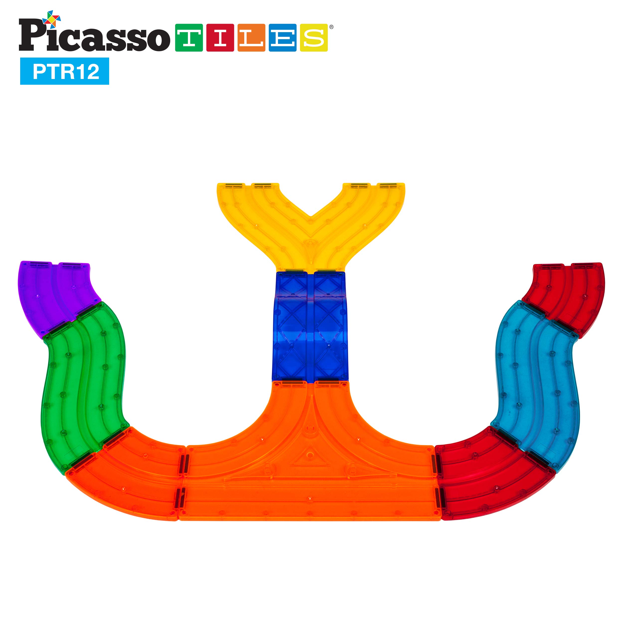 PicassoTiles 12 Piece Race Track Add-On Magnetic Building Block Set Magnet Tiles Construction Toy STEM Learning Kit Early Education Kids Toys Playset Pretend Play Blocks Child Brain Development PTR12