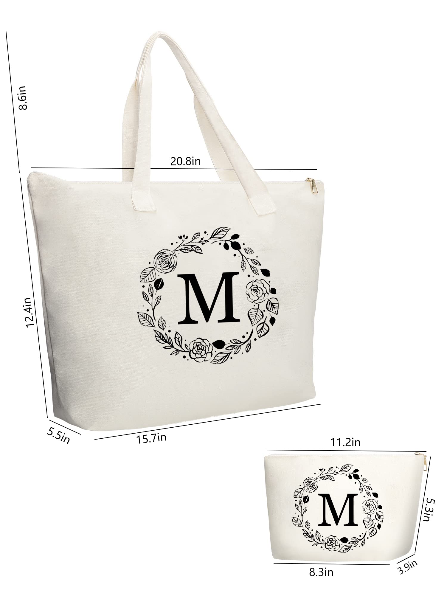Binggemen Personalized Initial Canvas Tote Bag with Zipper, Present Bag with Inner Pocket & Make Up Bag, Great Gifts for Women, Mom, Teachers, Friends, Bridesmaids