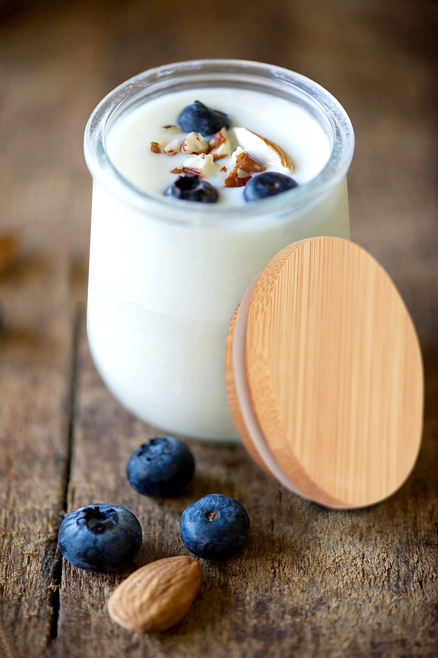 Oui Yogurt Jar Lids, Oui Yogurt Bamboo Jar Lids Set, Wooden Lids for Oui Yogurt Jars, Oui Yogurt Jars Lids with Silicone Sealing Rings, Cookie Glass Storage Lids, for 5 Oz Oui Yogurt Jars - 4 Pack