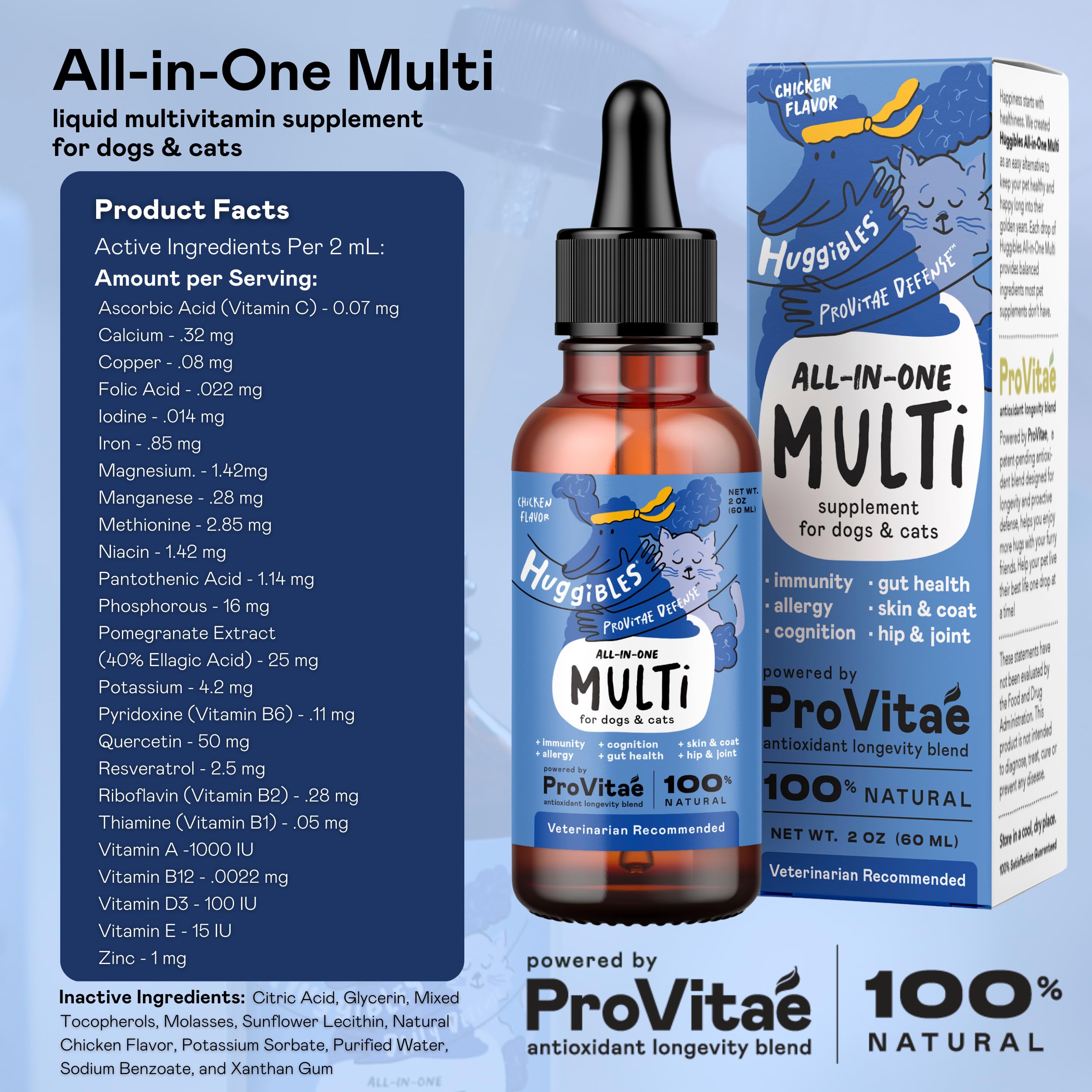 HUGGIBLES All-in-One Multi Liquid Multivitamin for Dogs and Cats β Daily Supplement with Digestive, Immunity, Allergy & Skin & Coat Support, Mobility Support β Antioxidant Blend for Longevity, 2oz