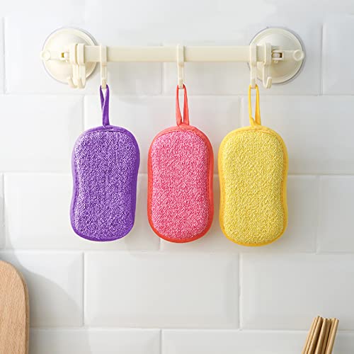 DEFUTAY 3 PCS Kitchen Scrub Sponge, Heavy Duty Scouring Pads, Washing Up Cleaner,Household Cleaning Wash Cloth with Adhesive Hooks(Color Random)