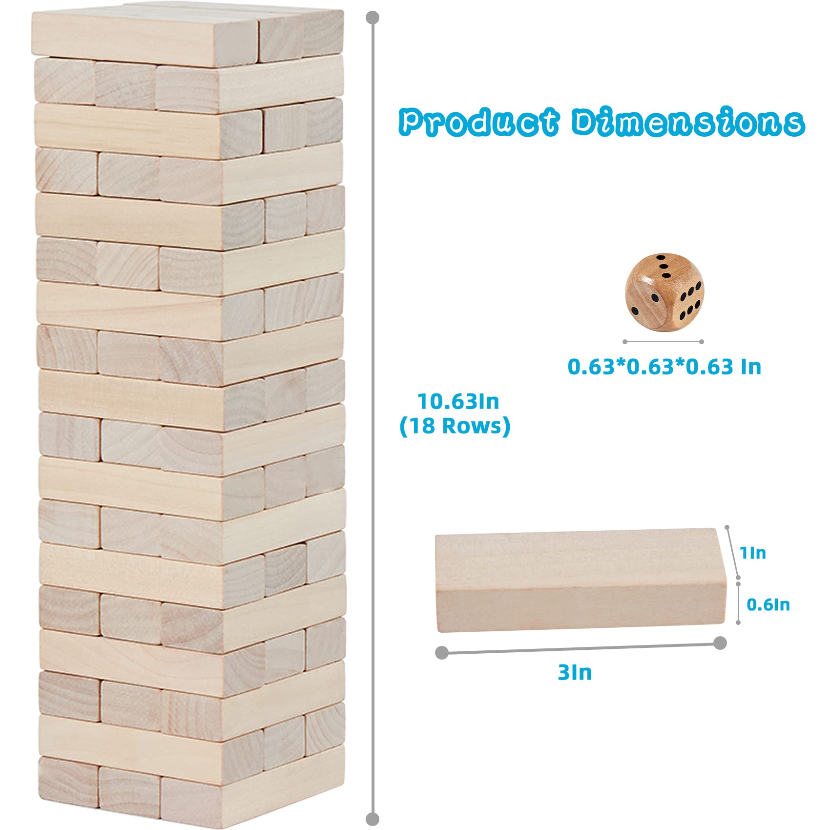 SpeedArmis Mini Tumble Tower, 54PCS Wooden Stacking Game for Teens - Pine Stack Timber Board Games with 4 Dice Set - Classic Xmas Gifts for Kids