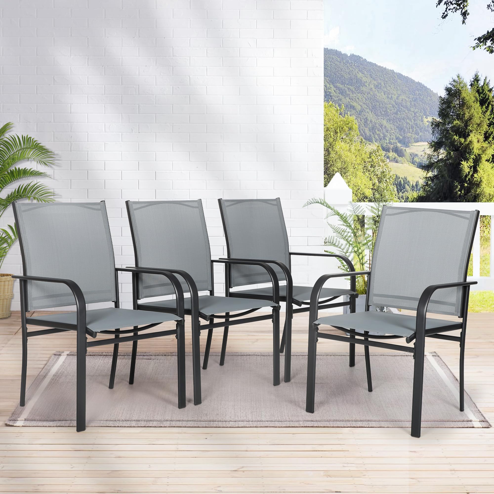 Crownland Outdoor Wrought Iron Dining Chairs Set of 6, Patio Textilene Dining Chair with High Backrest, Metal Frame Furniture Chairs with Armrests for Yard, Deck, Backyard, Lawn, Poolside (Grey)
