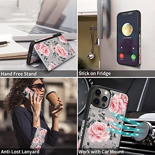 HOGGU iPhone 13 Pro Wallet Case - Magnetic Detachable iPhone 13 Pro Case Wallet with RFID Blocking Card Holder, Hand Strap, Floral Flower PU Leather Flip Cover Case for Women Girls(Gray)