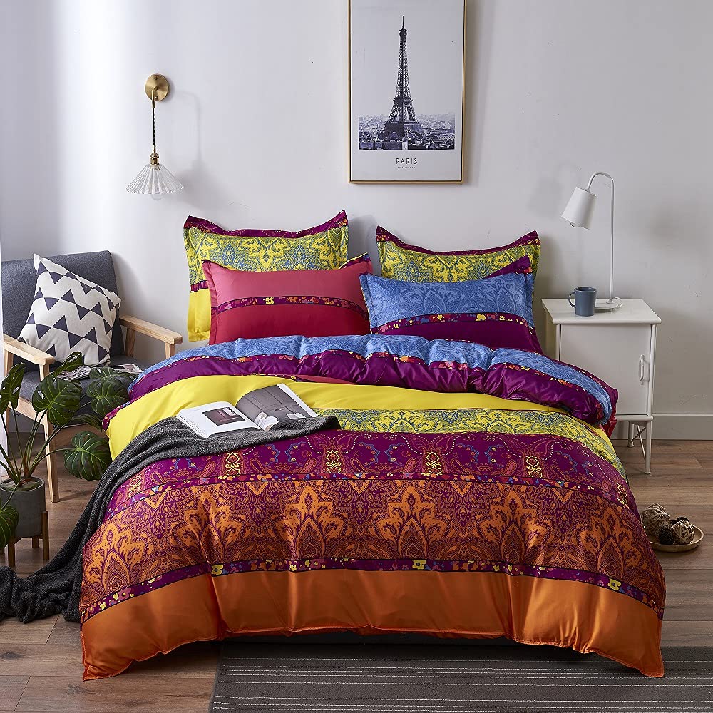 Erosebridal Boho Duvet Cover Paisley Floral Bedding Set, Luxurious Mexican Style Comforter Cover Set King Size Bohemian Reversible Bed Sets Retro Exotic Flower Bedroom Decor