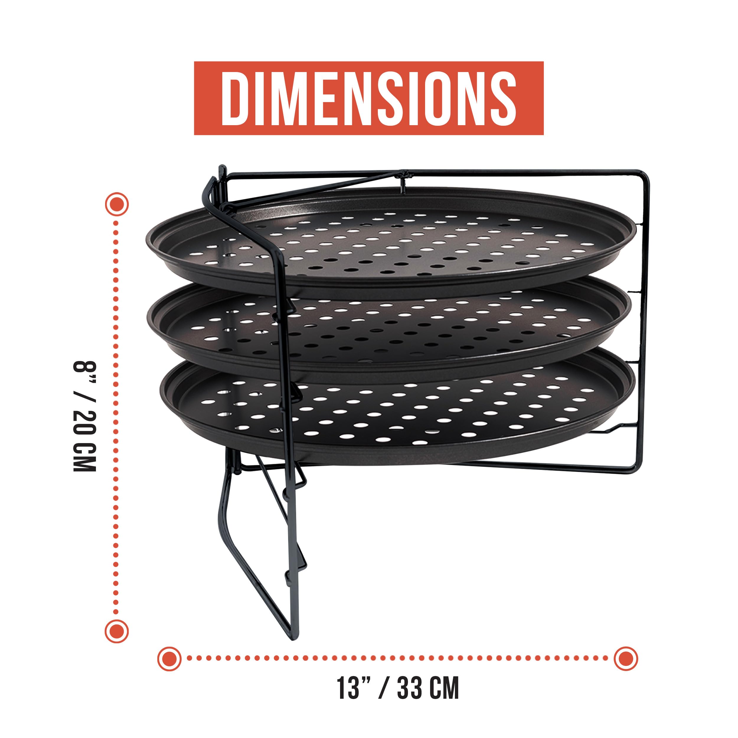 Chef Pomodoro Pizza Baking Set with 3 Pizza Pans & Pizza Rack, 13-Inch, Non-stick Pizza Stand & Pizza Tray for Oven, Grill, Pizza Pan with Holes, Perforated Pizza Pan for Oven, Barbeque