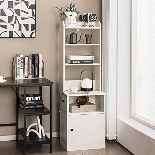 GOFLAME Nightstand with Charging Station and USB Ports, 56β Tall Bedside Table with Adjustable Open Shelves, Storage Cabinet, End Table Sofa Side Table with Bookcase for Home Office (White)