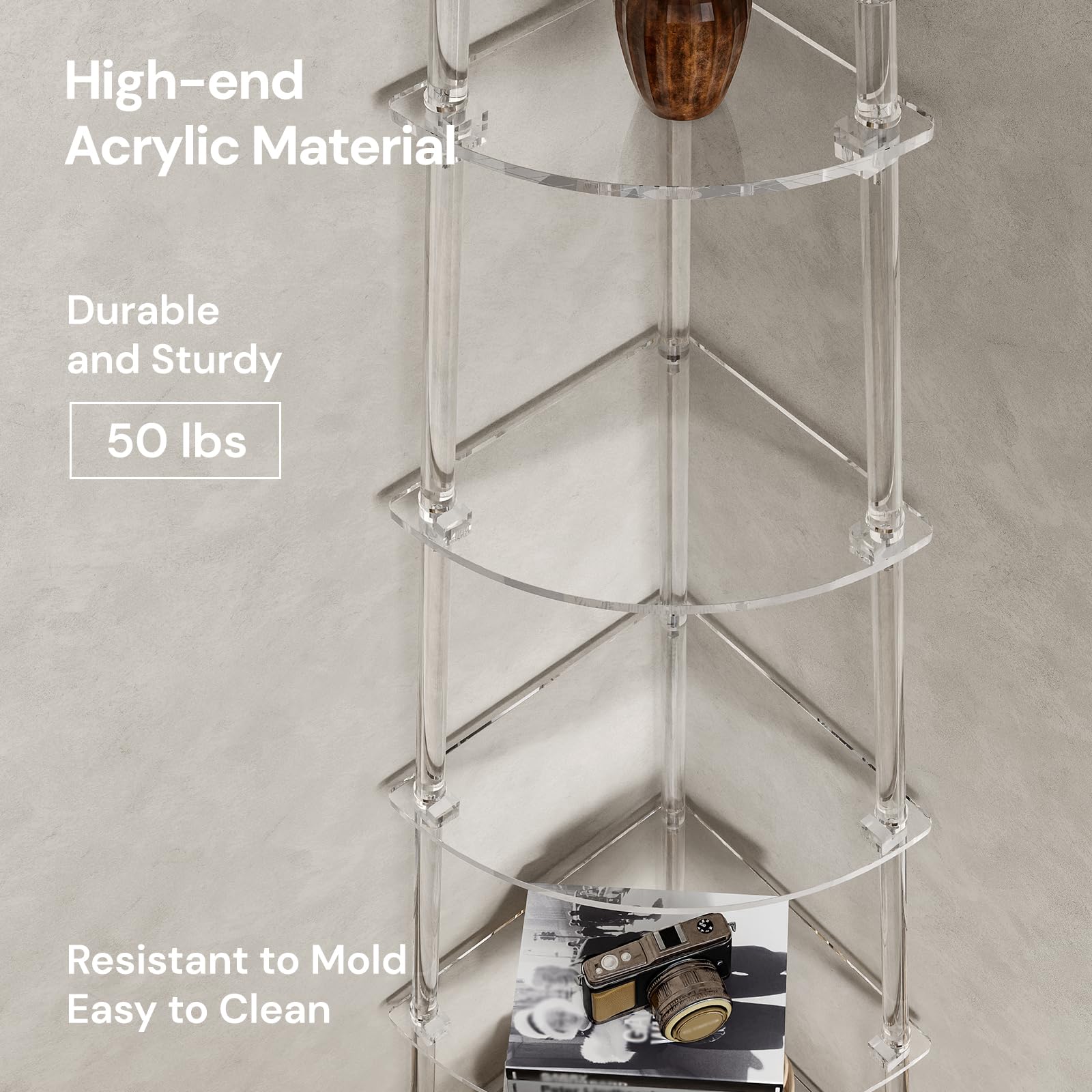 CRTERICX Acrylic Corner Bookshelf, 61" H, 5-Tier Clear Ladder Bookcase for Small Spaces, Multipurpose Corner Shelf for Living Room, Bathroom, Office