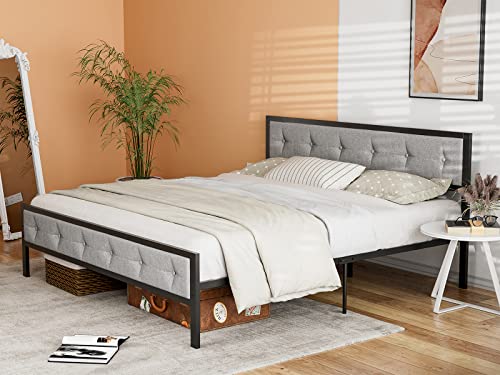 IKIFLY Metal California King Size Bed Frame with Upholstered Linen Headboard Footboard, Mattress Foundation, Heavy Duty Metal Slats, Easy Assembly, No Box Spring Needed - Light Grey/Cal King