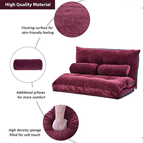 Merax Lazy Sofa Bed, Five Position Adjustable Folding Floor Couch with 2 Pillows, Futon Love Seat Sofa for Living Room, Bedroom, Stury Room (Burgundy)