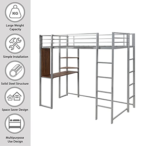 Merax Metal Loft Bed wit Desk and Shelves/Metal Slat Support/Space-Saving Twin, Silver
