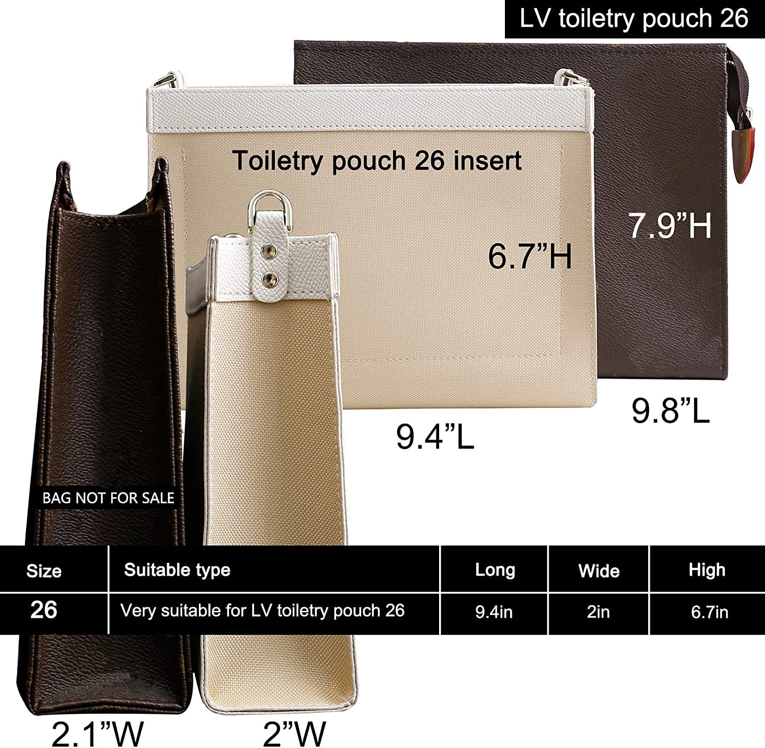 OAikor Upgraded Purse Insert Organizer Bag Fit Toiletry Pouch 26 Premium Microfiber Leather with D Rings, Waterproof Bag Insert for lv Pouch 26 Khaki (Large-26, Beige)