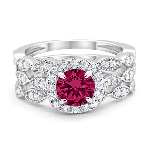 Blue Apple Co. Halo Art Deco Three Piece Wedding Engagement Bridal Set Ring Band Solid Simulated Ruby 925 Sterling Silver, Size-6