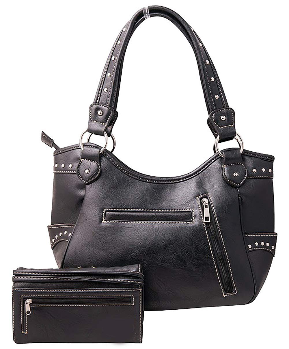 HW Collection Large Elephant Purse Women Embroidered Western Handbag and Wallet Set (Black)