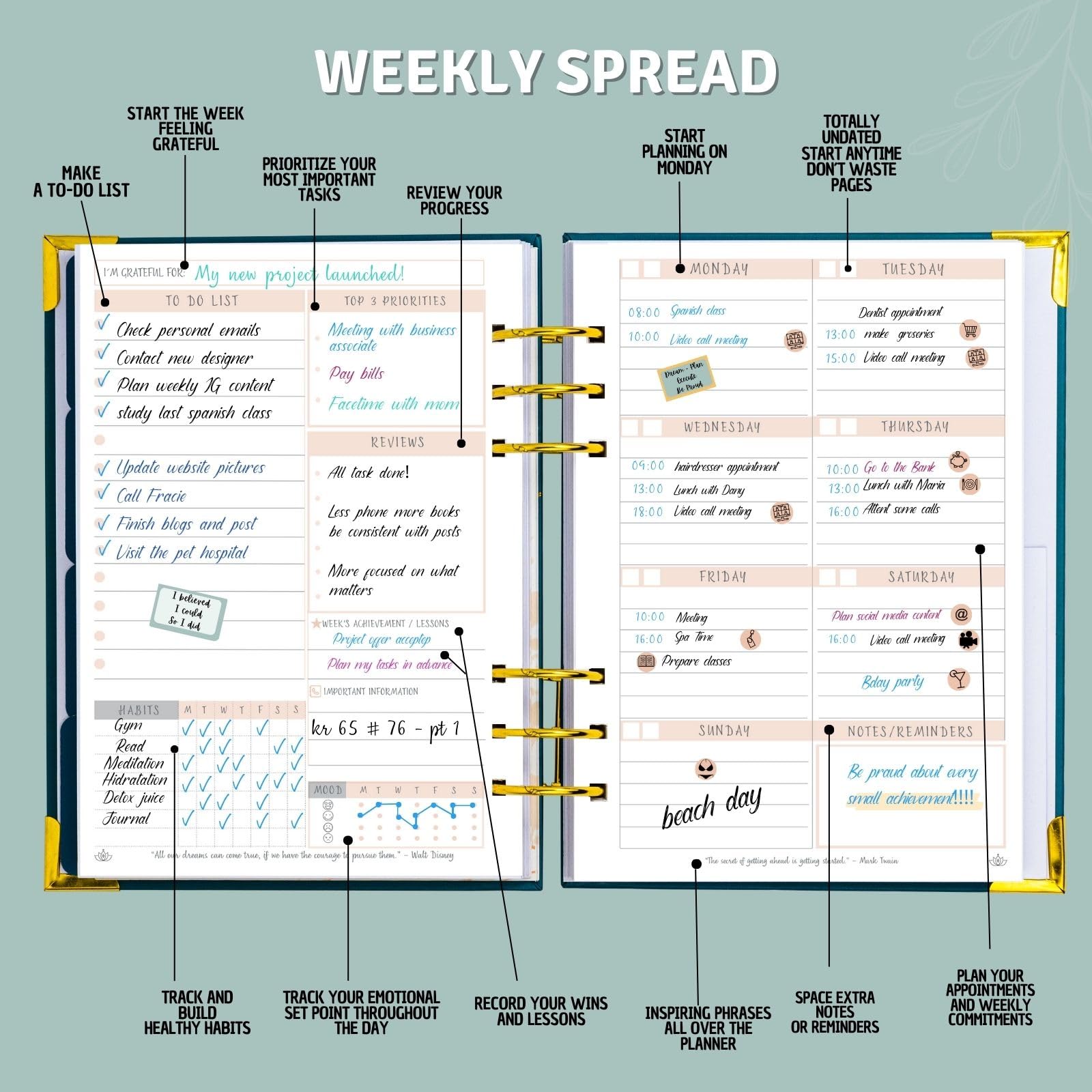 Bossy Girl Journey Goal Planner Undated Weekly Monthly Productivity Journal With Habit And Budget tracker A5 Size 8.5 X 5.8 Binder 6 ring Refillable To Beat Procrastination, Stay More Focused