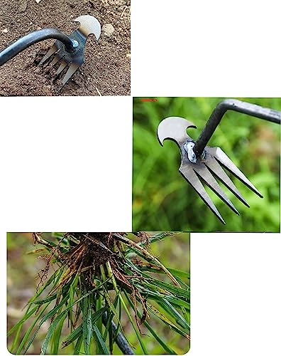 olybell Stainless Weeding Artifact Uprooting Weeding Tool, Stainless Steel Forged Weed Puller 4 Teeth Dual Purpose Weeder, Hand Weeder Tool for Gardening with Long Handle (Black)