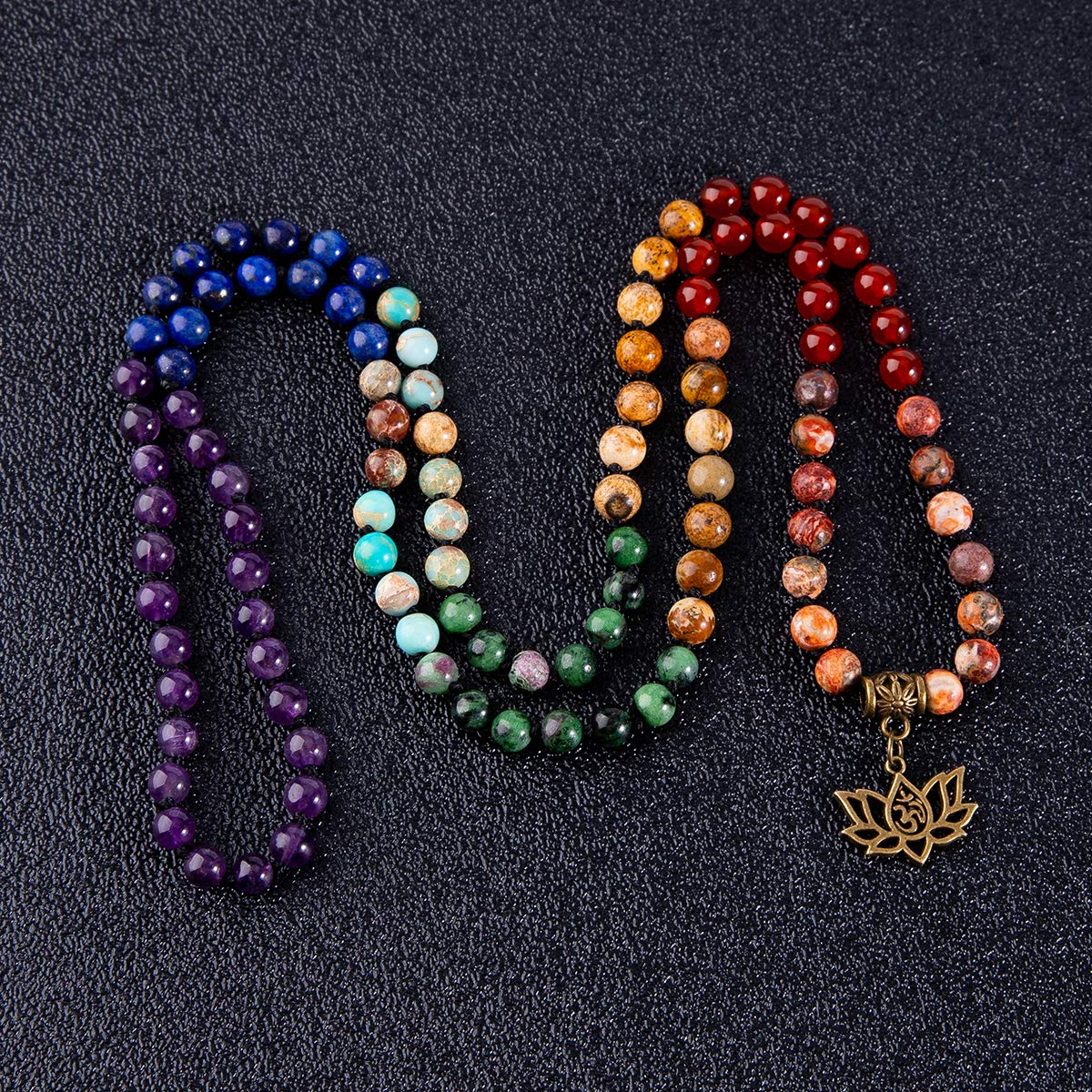Bivei 7 Chakra 108 Mala Beads Bracelet Real Healing Gemstone Yoga Meditation Hand Knotted Mala Prayer Bead Necklace(Lotus OM-6mm beads)