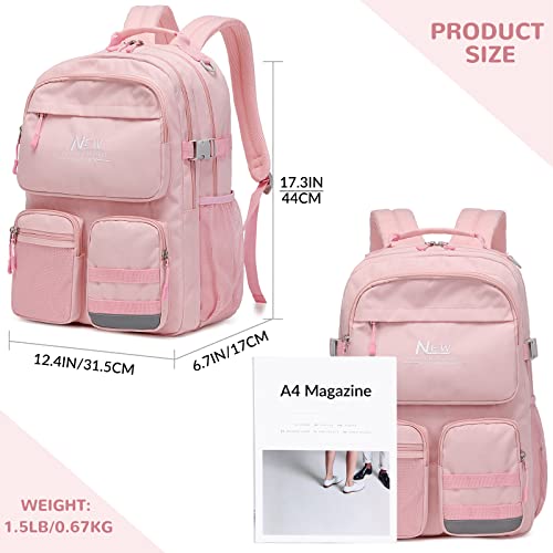 El-fmly Big School Backpack Bookbag for Teen Students, Multi Pockets Water Resistant Casual Daypack with 15.6 inch Laptop pocket for Travel (Pink)