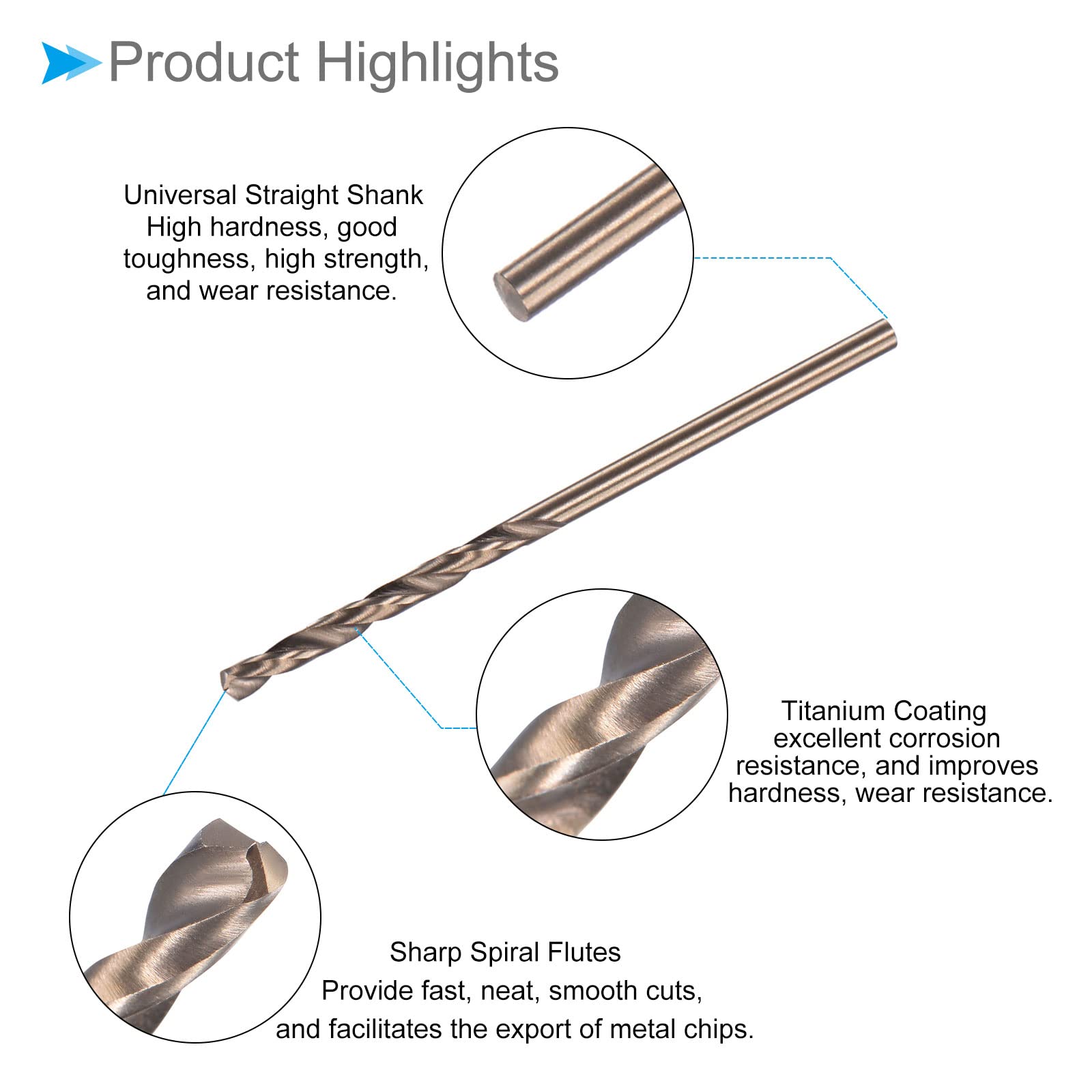 CoCud Twist Drill Bits, 2.3mm Drilling Diameter, Titanium Coated High Speed Steel 6542 Straight Round Shank - (Applications: for Stainless Steel Alloy Metal), 12-Pieces