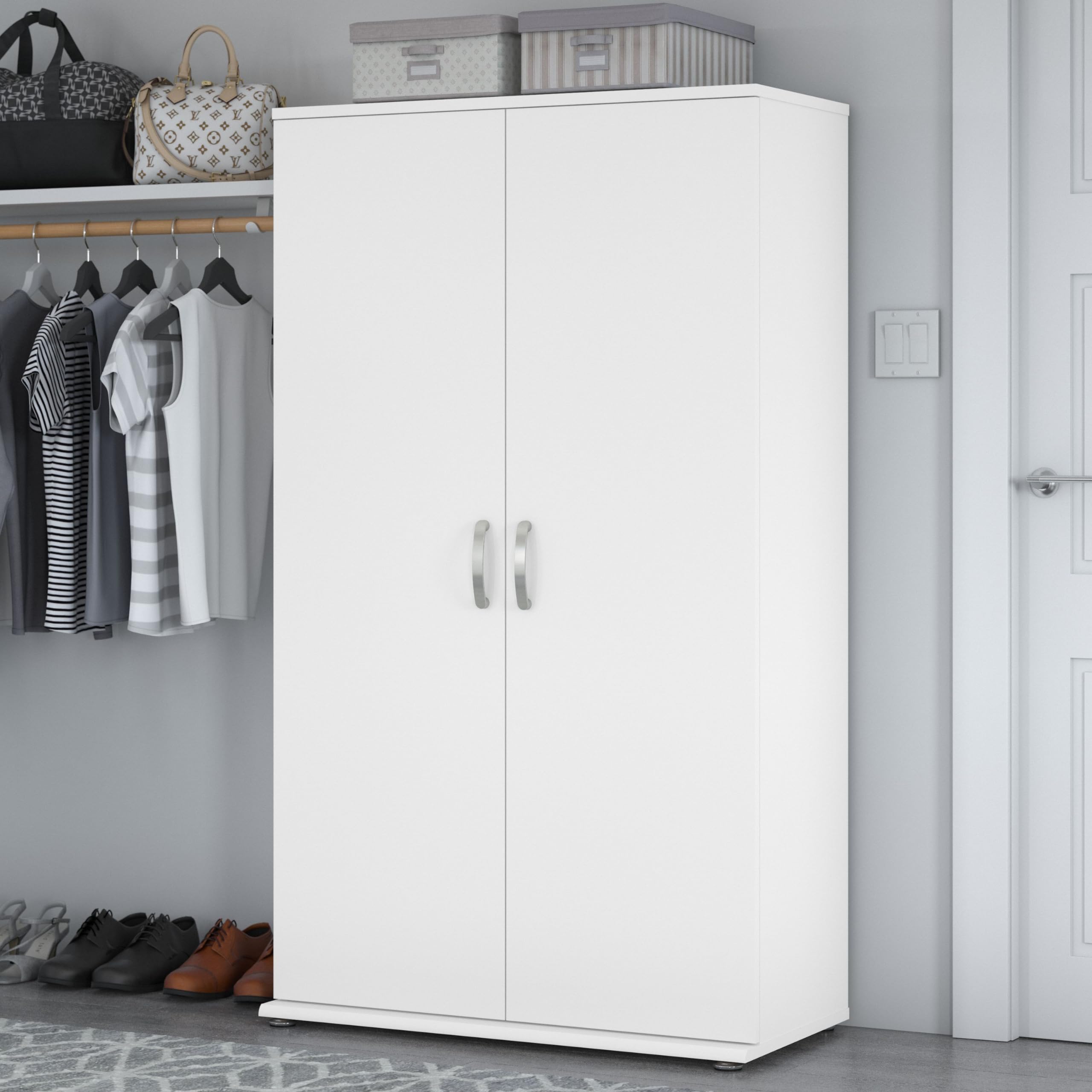 Bush Business Furniture Universal Tall Clothing Storage Cabinet with Doors and Shelves, White