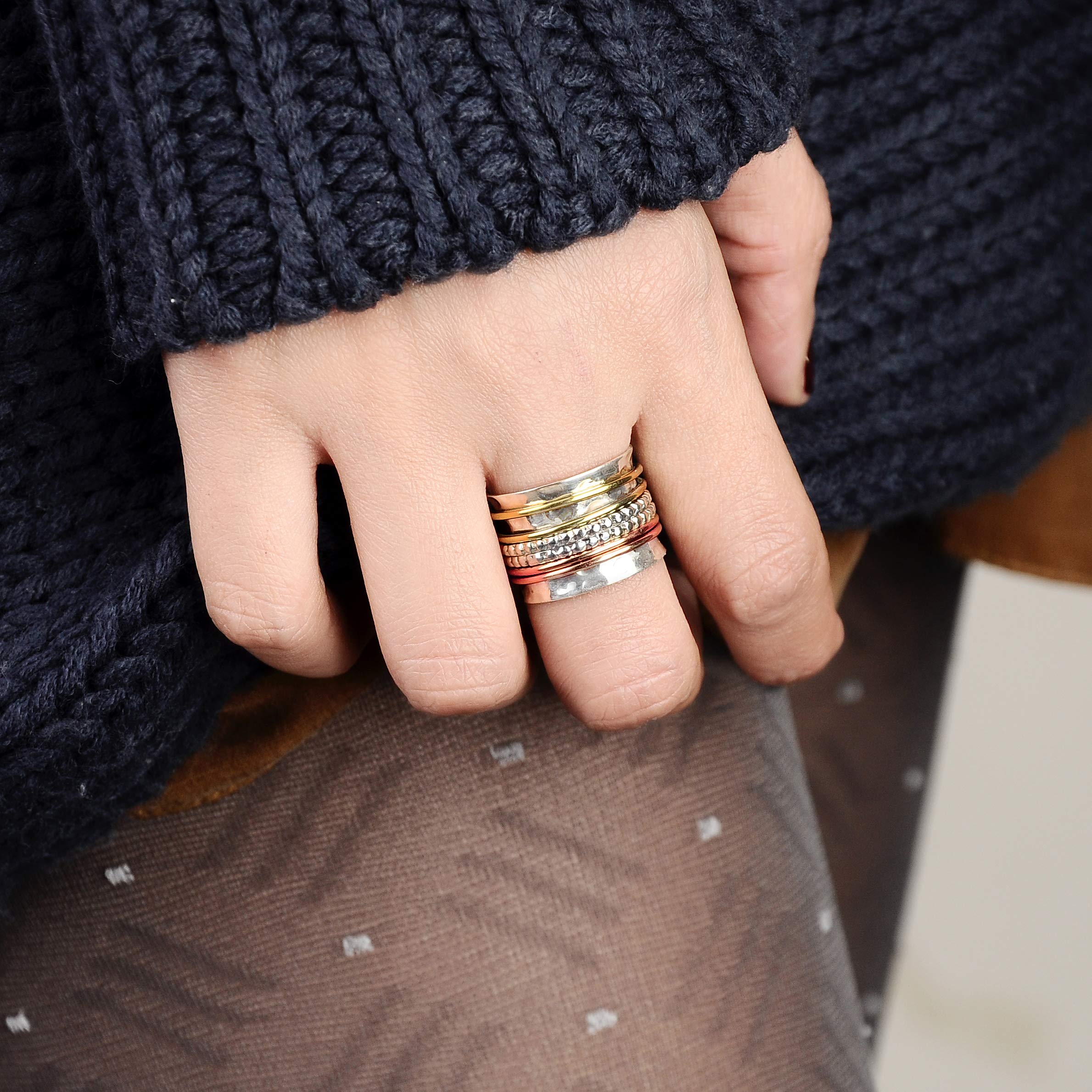 Boho-Magic 925 Sterling Silver Spinner Ring with Brass and Copper Fidget Rings for Women Wide Band (10)