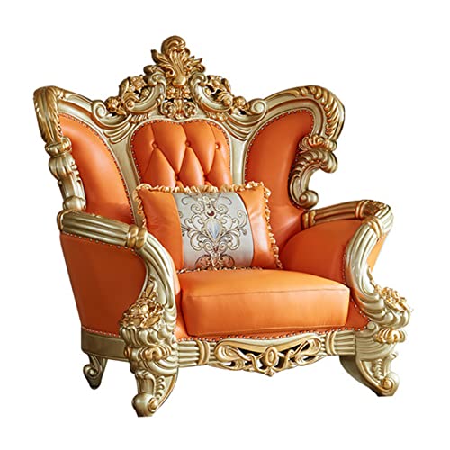 DEKIST Solid Wood Leather Sofa, European-Style Villa Living Room Luxury Leather Sofa, Mansion Solid Wood Furniture Suitable for Villa Living Room with Pillows