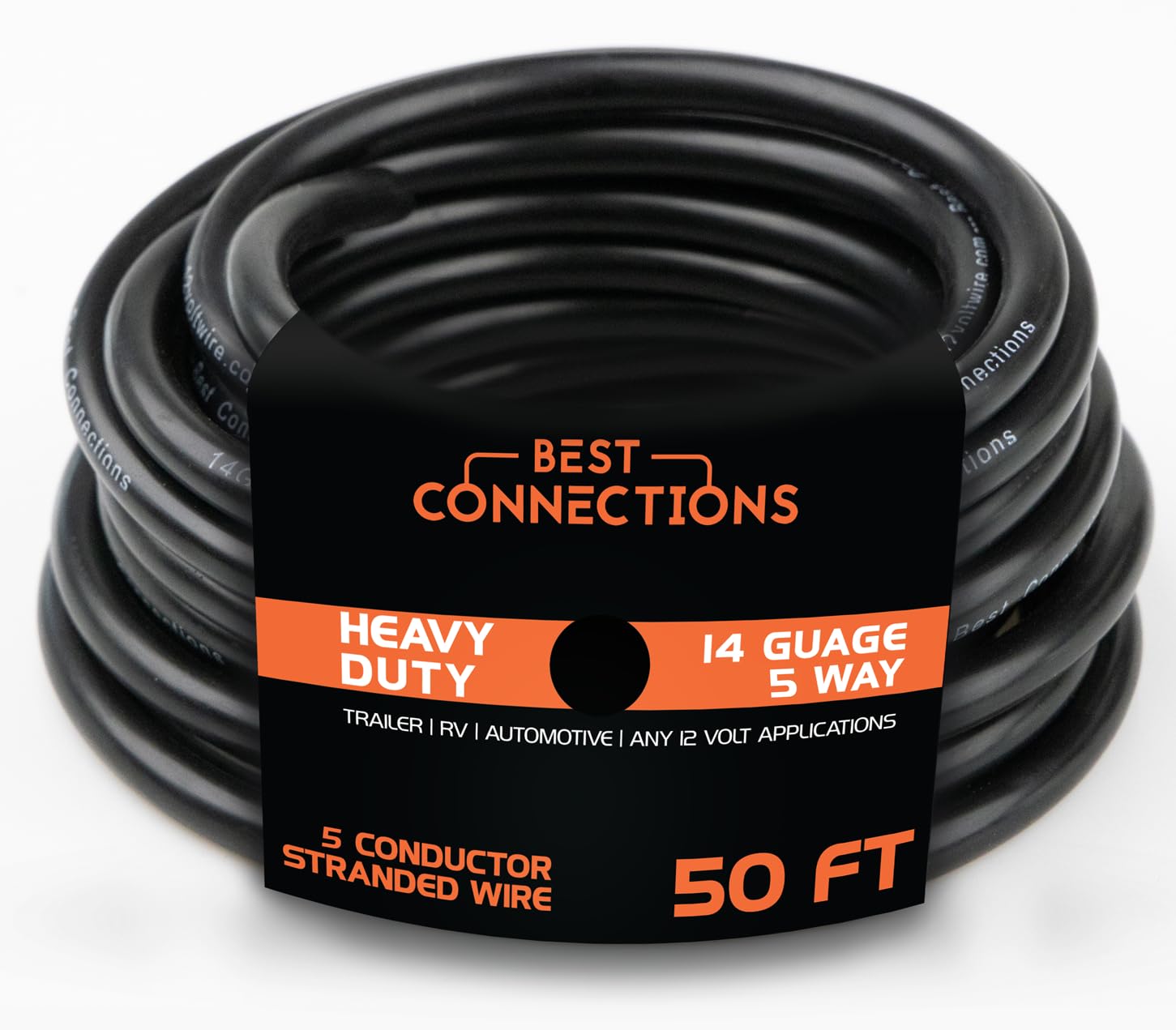 BEST CONNECTIONS 5 Way Trailer Wire â Heavy Duty 14 Gauge 5 Conductor Insulated Cable â Durable, Weatherproof, Color-Coded 5 Way Trailer Wiring Extension for RV Trailer and Automotive (50 Feet)