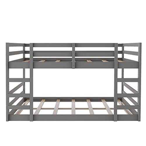 MERITLINE Wood Bunk Bed Twin Over Twin Bunk Beds for Boys and Girls, Simple Floor Twin Bunk Bed Frame with 2 Slats Sets and 2 Ladders, No Bunkie Board Needed