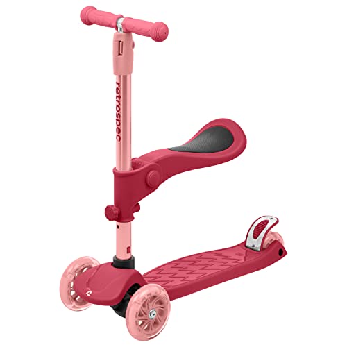 Retrospec Chipmunk Plus Kids’ Kick Scooter 3+ Years - Height Adjustable 3 Wheel Scooters - Learn to Steer, Foldable Seat, LED Lights, & No-Slip Deck - Bubblegum