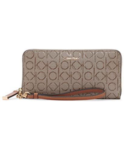 Calvin Klein Women's Key Item Saffiano Continental Zip Around Wallet with Wristlet Strap, Modern Taupe/Almond/Taupe Linear, One Size